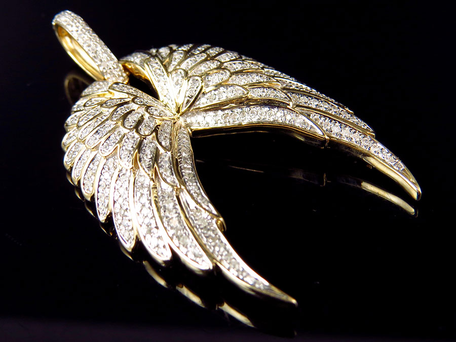 10k Yellow Gold Open Angel Wings 1.75 Inch Genuine Real Diamond Pendant ...
